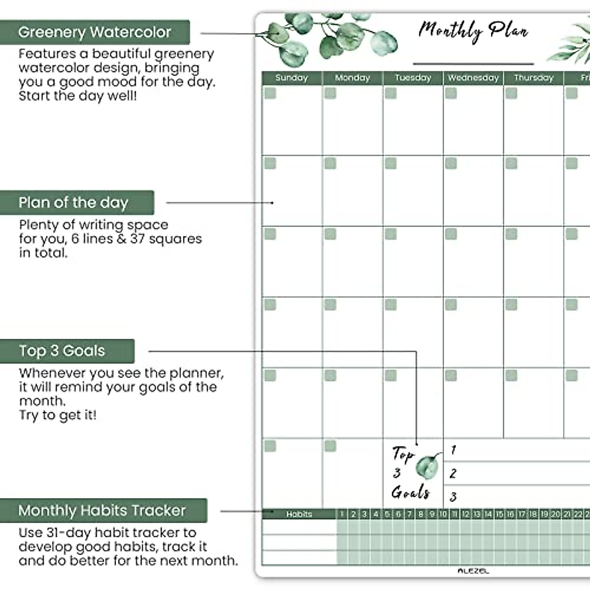 ALEZEL Magnetic Dry Erase Calendar for Fridge, Greenery Monthly Fridge Calendar Whiteboard Set - Vertical Monthly Calendar for Refrigerator, Grocery & to Do List White Board, 3 Markers + Eraser