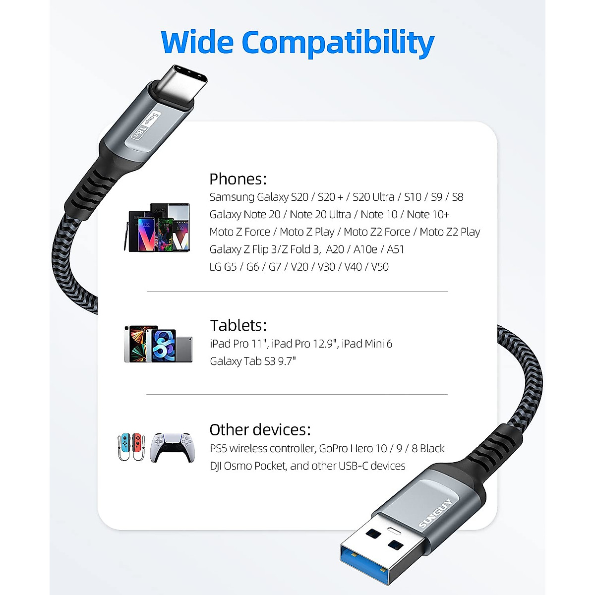 SUNGUY 5Gbps USB C 3.0 Android Auto Cable 1FT, 18W Short USB A to C Cable Fast Charging Nylon Braided Compatible with USB C External SSD, Galaxy S21 S20 S10 S10E Note 20, LG, Pixel and More