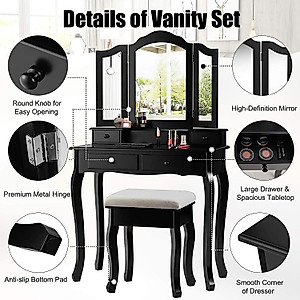 RIVALLYCOOL 2-in-1 Vanity Table Set, Multipurpose Dressing Desk Set with 4 Drawers Tri-Folding Mirror, Cushioned Stool, Wood Table with with Modern Shape, Bedroom Bathroom Makeup Table (Black)