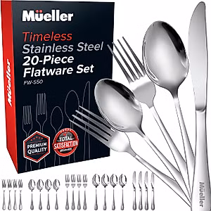 Mueller Flatware Set, 20-Piece Stainless Steel Silverware Set - Cutlery Set Service for 4 - Spoon, Knife, Fork, Salad Fork, Teaspoon - Dishwasher Safe