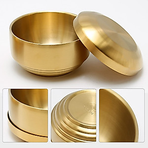 MDEOOSKY 2PCS 304 Stainless Steel Rice Bowls, Gold Metal Bowl with Lid, Double Layer Anti Scalding Bowl, Rice Bowls Soup Bowl Salad Bowl Noodle Bowl for Korean Kitchen Restaurant, 4.92 inch