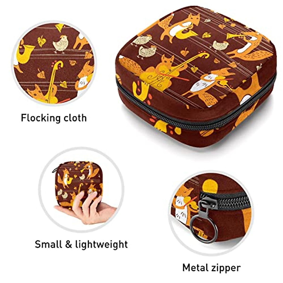 Portable Menstrual Pad Bags, Large Capacity Sanitary Napkin Storage Bag, First Period Kit for Girls Women, Zipper Nursing Pad Holder Funny Foxes Play The Violin Cello Bird Cock