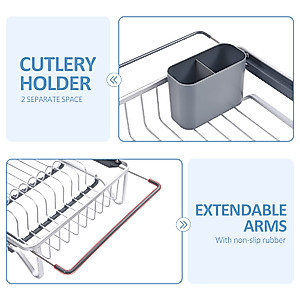 TOOLF Expandable Dish Rack, Aluminum Over The Sink Rack Adjustable Dish Rack in Sink Or On Counter Dish Drainer with Utensil Holder Rustproof for Kitchen