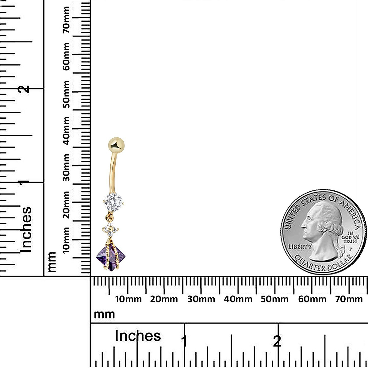 AVORA 10K Yellow Gold Purple Square-cut Simulated Diamond CZ Flower Dangling Belly Button Ring Body Jewelry (14 Gauge)