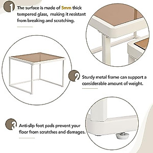 VKKILPEE Modern Nesting Coffee Table Set with High-Low Combination Design, Brown Tempered Glass Square Cocktail Table, White Metal Frame, Length Adjustable 2-Tier Center End Table for Living Room