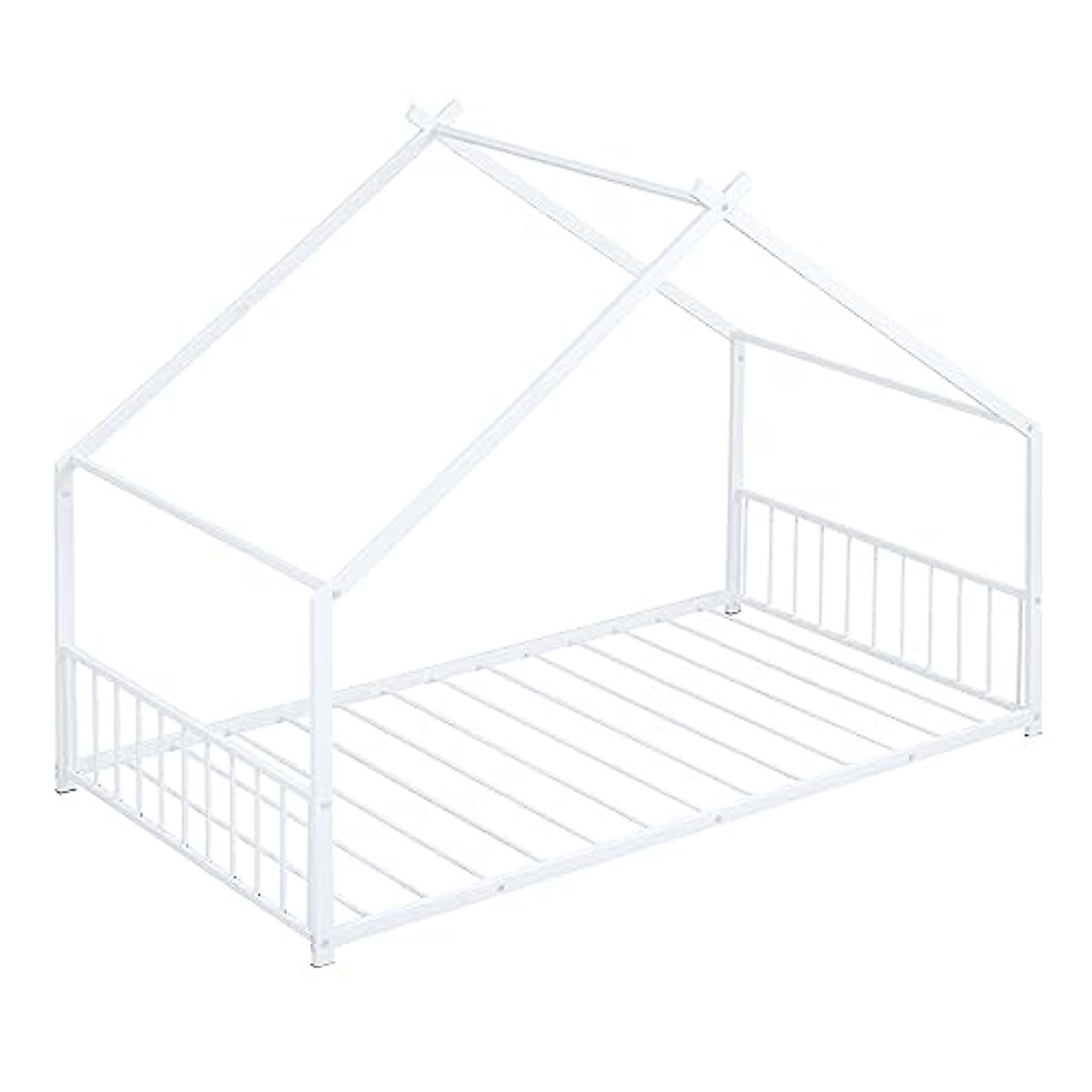 DNYN Twin Size Metal House Bed with Roof Design for Kids Bedroom,Sturdy Steel Bedframe,No Box Spring Needed, White