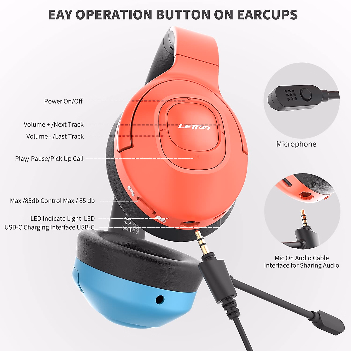 LETTON L15 Wireless Gaming Mobile Headset with Noise Cancelling Mic, 2.4GHz Wireless+Bluetooth+Wired Stereo Headphones for PC, PS5, PS4, Nintendo Switch, 40 Hr Playtime, 7.1 Surround Sound(Blue Red)