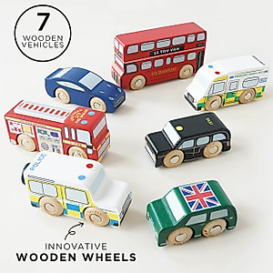 Le Toy Van London Car Set Premium Wooden Toys for Kids Ages 3 Years & Up (TV267), 7-pk