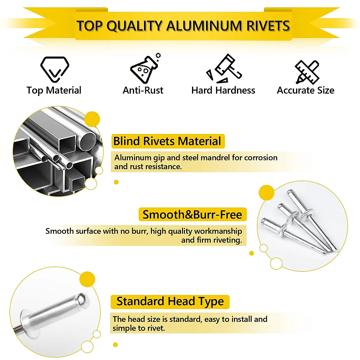 400PCS Silver Pop Rivets Assortment Kit, 8 SAE Sizes Aluminum Rivets (1/8" 3/16") with Reinforced Divider & Labeled Case for Storage