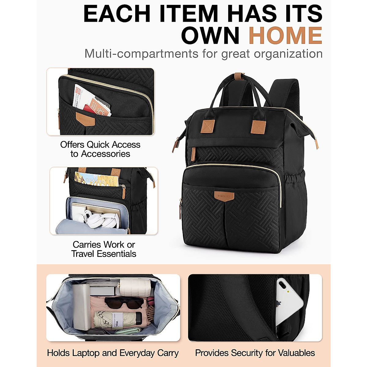 BAGSMART Backpack for Women, Laptop Backpack Fits 15.6 Inch Computer, Teacher Backpack, Bookbags with Charging Port Hole for College Work Business, Black