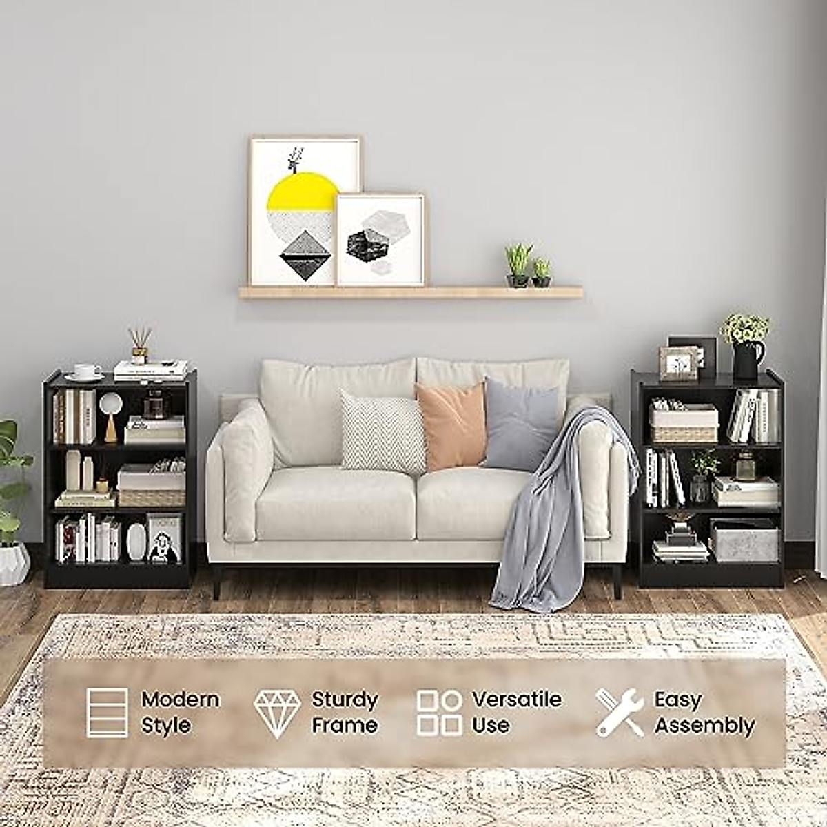 Giantex 3-Cube Bookcase Black - 3-Tier Modern White Open Bookshelf with Adjustable Shelves, Anti-Tipping Device, Small Wood Cube Storage Organizer for Kid’s Room, Living Room, Bedroom