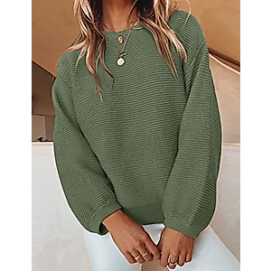 ZESICA Women's 2023 Crew Neck Long Lantern Sleeve Casual Loose Ribbed Knit Solid Soft Pullover Sweater Tops,ArmyGreen,Medium