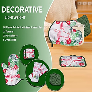 Lobyn Value Packs - 5 Piece Tropical Kitchen Towel Set: Features Flock of Pink Flamingos, 2 Decorative Dish Towels, 1 Oven Mitt, and 2 Potholders