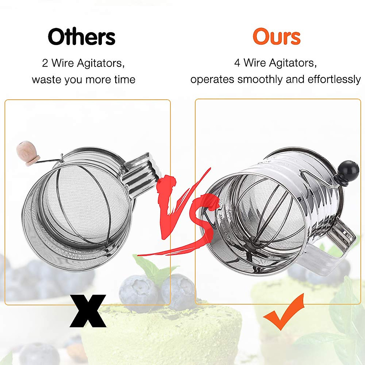 Flour Sifter 3 Cup Stainless Steel Rotary Hand Crank Sifter with 16 ...