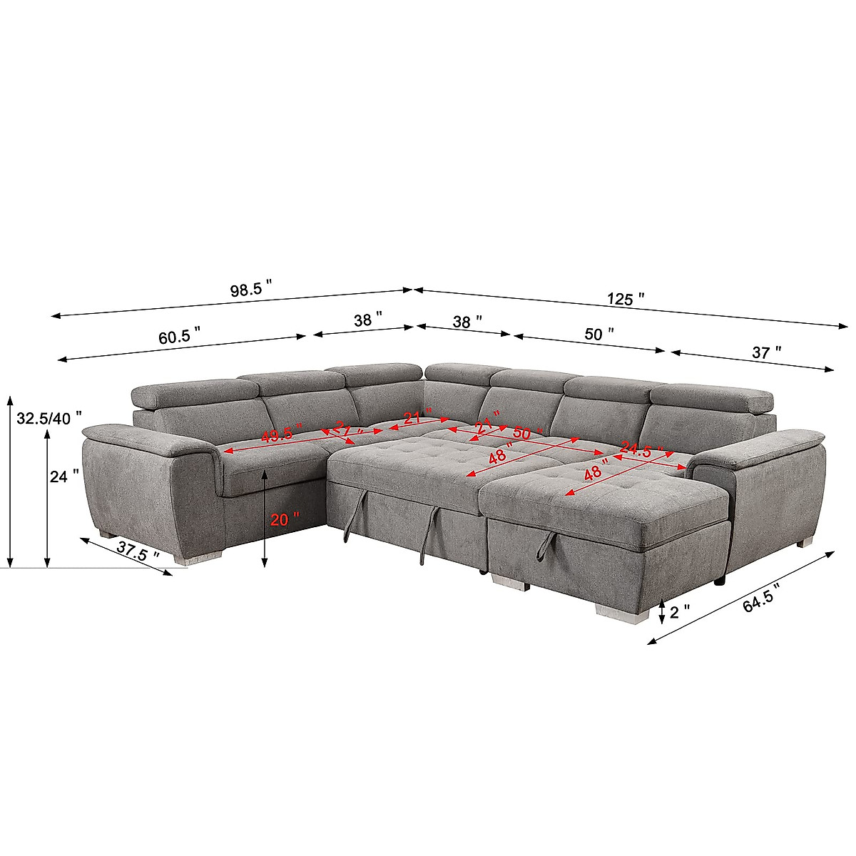 THSUPER 125'' U Shaped Sectional Sleeper Sofa with Pull Out Bed, Storage Chaise Lounge, and Adjustable Headrest, Oversized Sectional Couches for Living Room - Belfast Light Grey