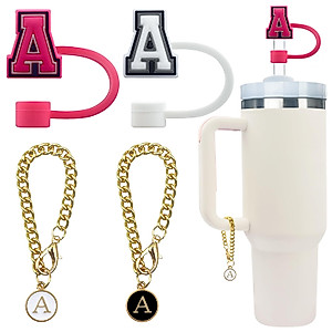 Velaco 4 PCS Initial Letter Charm Accessories and Straw Cover Pack- Chains with Initial Letter for Stanley 20 30 40 oz Tumbler with Handle