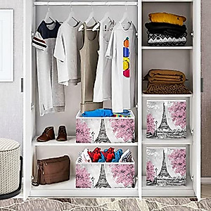 Kigai Oil Painting Paris Eiffel Tower Cube Storage Bin 11x11x11 in, Large Organizer Collapsible Storage Basket for Shelves, Closet, Storage Room