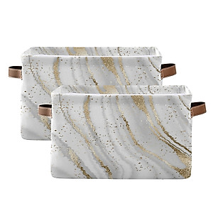 MNSRUU Storage Basket White Gold Marble Collapsible Organizer Basket with PU Handles, Waterproof Nursery Storage Bin，2 Pack