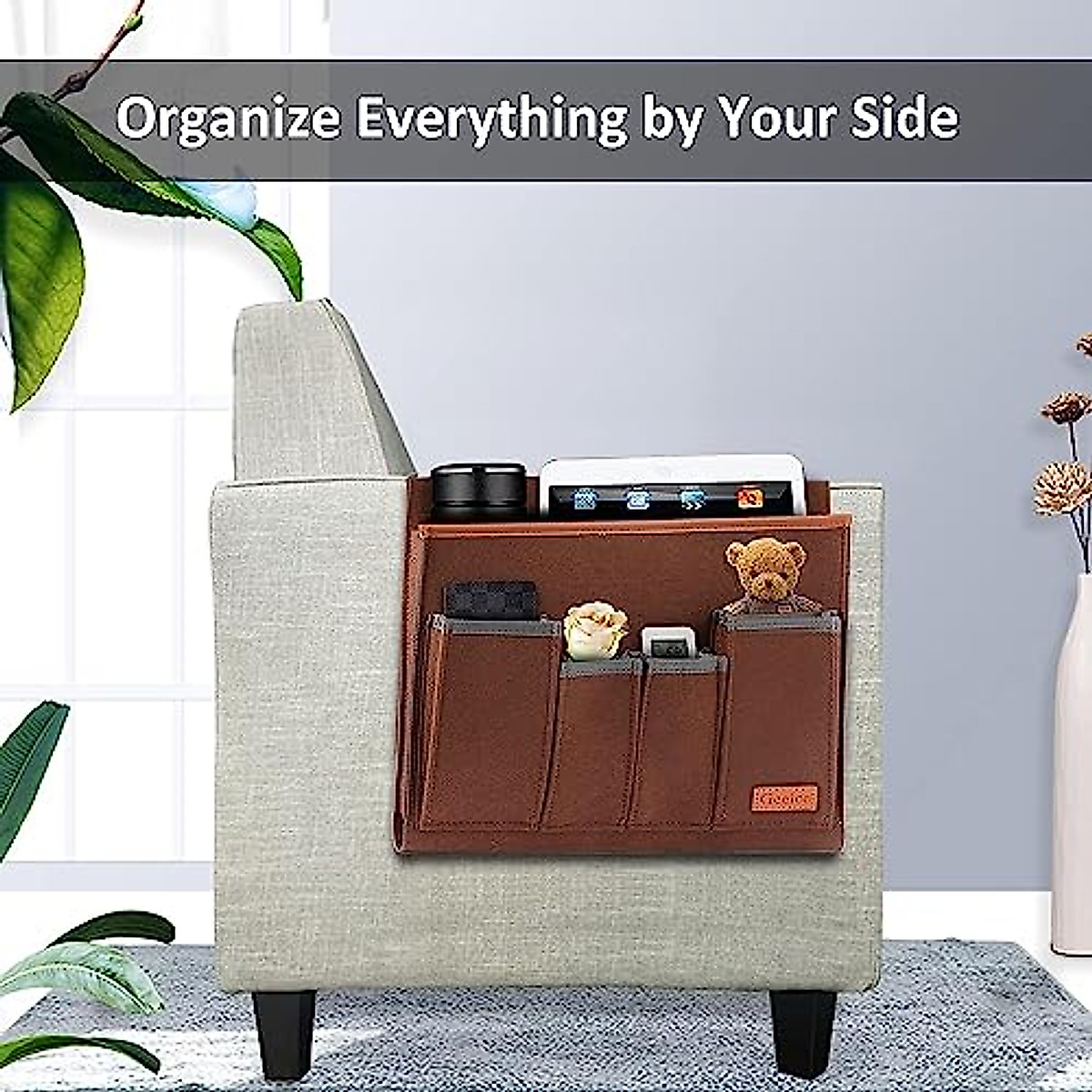 Geeice Sofa Armchair Caddy, Remote Control Holder 5 Pockets Organizer for Recliner Couch, Armrest Side Pocket Storage for Magazine Tablet and Phone, Brown
