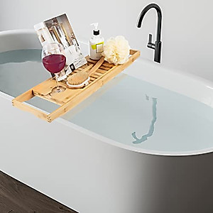 Bamboo Bath Caddy-Natural Wood Bathtub Tray with Extending Sides, Secure Cupholders and Water-Proof Book, Tablet, or Phone Holder by Lavish Home