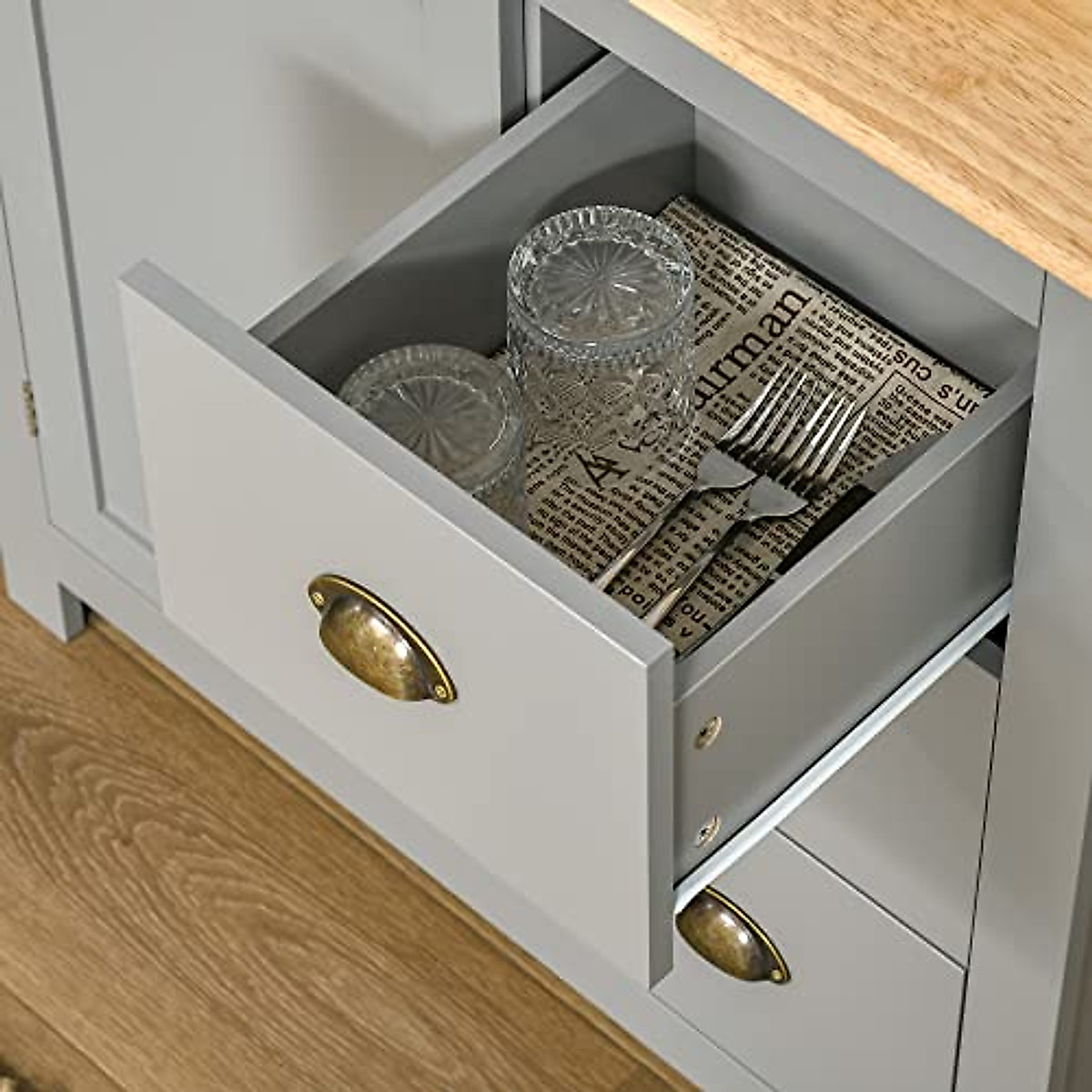 HOMCOM Modern Kitchen Cabinet, Storage Sideboard, Buffet Table with Rubberwood Top, 3 Drawers and Cabinet with Adjustable Shelf, Grey