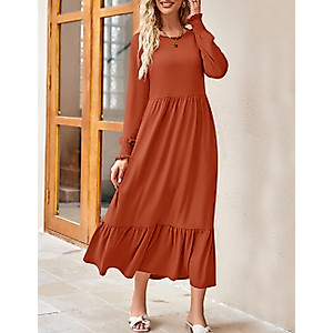 ZESICA Women's 2024 Fall Long Sleeve Dress Crewneck Casual Loose Pleated Tiered Swing Midi Dresses with Pockets,Rust,Medium