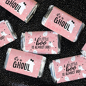 Pink A Little Boo is Almost Due Girl Baby Shower Wrappers for Mini Chocolate Bars, Halloween Baby Shower Party Favor Candy Stickers - 45 Count