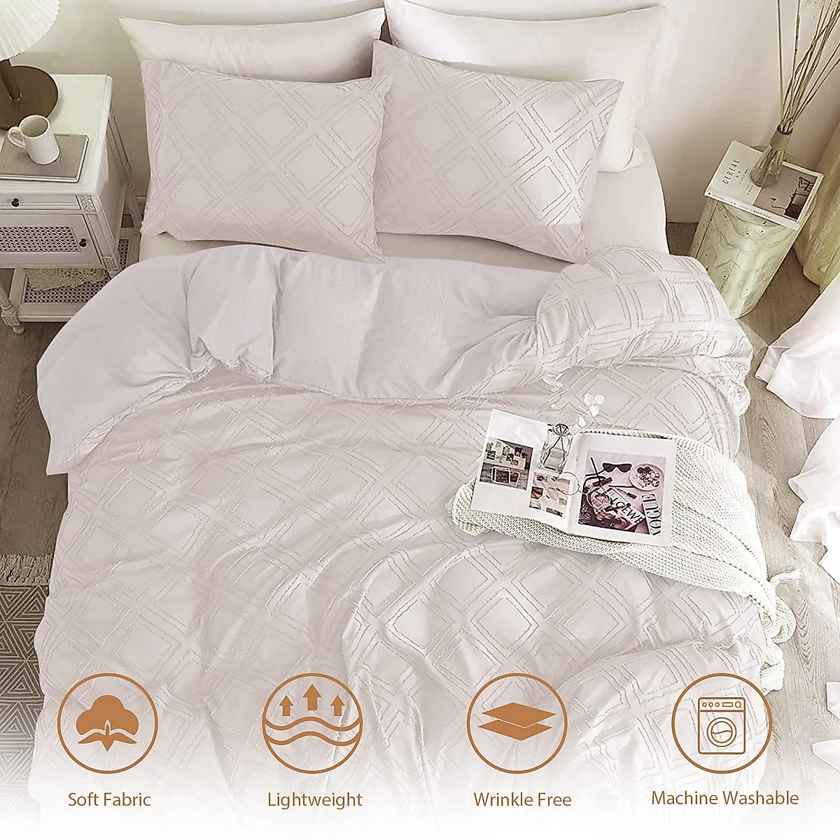 MUXHOMO Duvet Cover Queen Size - Beige Tufted Duvet Cover Set, Ultra Soft Boho Texture Bedding Set of 3 Pieces (1 Comforter Cover + 2 Pillowcases) with Double-Zipper Closure