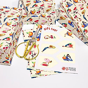 CENTRAL 23 Birthday Wrapping Paper For Women - 6 Sheets Thick Gift Wrap - Yoga Wrapping Paper - Fruits - Workout - Ladies - For Birthday Bridal Shower Anniversary - Comes With Fun Stickers