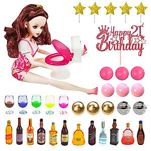 Mini Wine Bottles Cake Toppers With 12 Mini Wine Bottles 5 Mini Wine Glasses 1 Toilet Toy 1 Beauty Doll 21st Birthday Cake Topper for Celebrating Birthday 21st Girl Party (Brown)