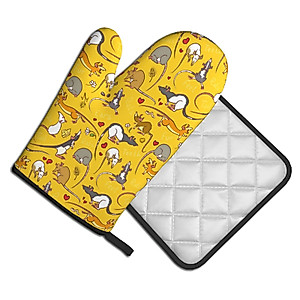 Oven Mitts Pot Holders Set of 2 Heat Resistant Kitchen Cute Cartoon Rats Yellow Mouse Teeth Pattern Oven Mitts Waterproof Women Men Home Cooking Baking Microwave BBQ Gift