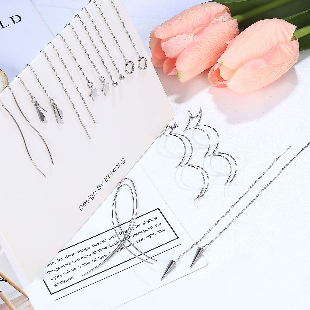 JOERICA 9 Pairs Threader Earrings for Women Stainless Steel Chain Tassel Earrings Lightweight Wave Threader Ball Dangle Drop Minimalist Chain Earrings Set