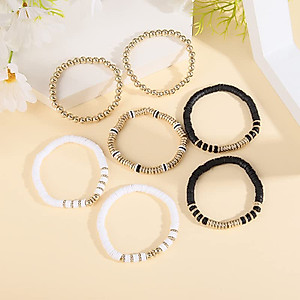 7PCS Surfer Colorful Clay Beads Stretch Bracelets Bohemian Stackable Gold Beads Vinyl Disc Elastic Bracelets Multilayer Summer Beach Jewelry Set-Black