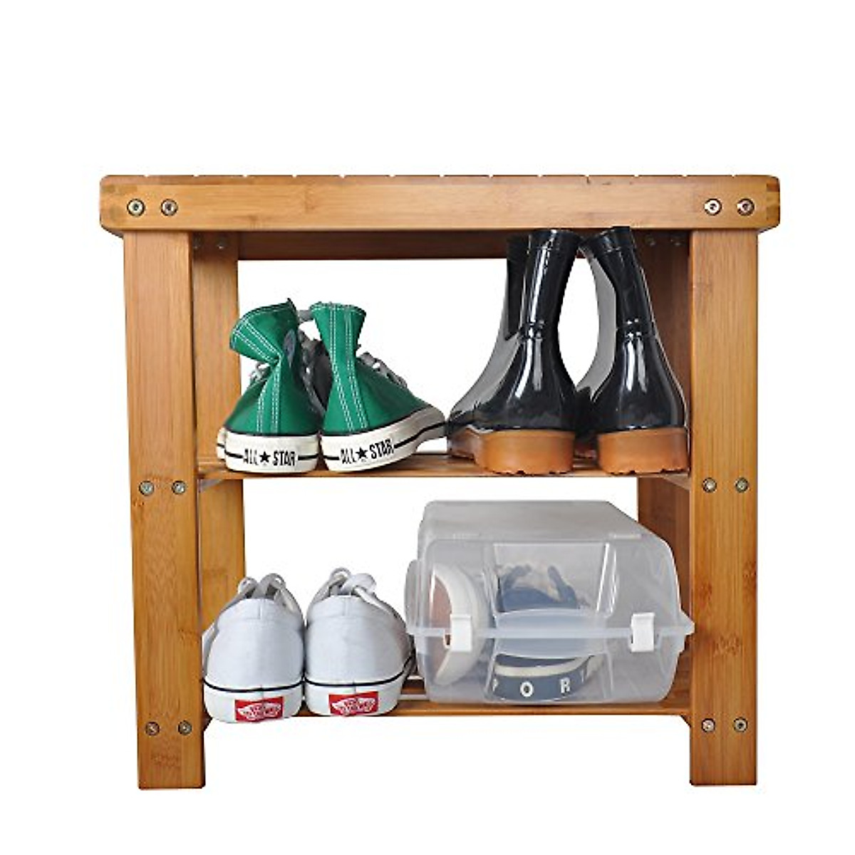 LUCKYERMORE 2-Tier Shoe Rack Bench Seat Entryway Storage Shelf Bamboo Shoes Rack Small