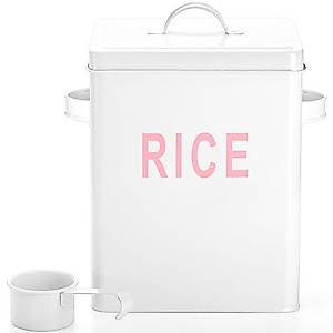 Youeon 10 Lbs Metal Rice Storage Container, Square Rice Canister with Lid and Measuring Scoop, Countertop Sealed Food Storage Container for Cereal, Beans, Pet Food, White