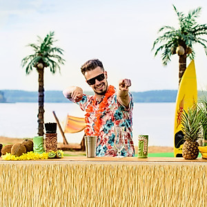 Fovths 2 Packs Luau Grass Table Skirt Fringe Straw Grass Skirt 108 x 30 Inch Hibiscus Hawaiian Table Skirts Rectangle Tropical Luau Party Decorations for Hawaiian Luau Decorations