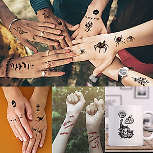 52 Sheets Black Temporary Tattoos for Kids Men and Women, Include 10 Sheets Large Half Arm Sleeve Fake Tattoos, 200+ PCS Spider Scorpion Snake Tiger Lion Skull Bat Vampire Scar Fake Tattoo Sticker