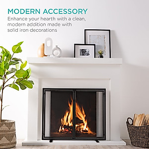 Best Choice Products 38.5x31in 2-Door Fireplace Screen, Handcrafted Wrought Iron Decorative Mesh Geometric Fire Spark Guard w/Magnetic Panels - Black