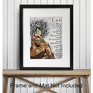 Black African American Art - Positive Affirmations - Positive Quotes Wall Decor - Motivational Posters - Encouragement Gifts for Women - Inspirational Wall Art- Afro Girl - Uplifting Best Friend Gifts