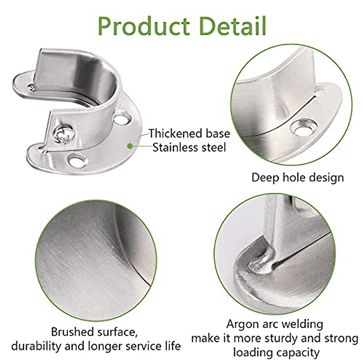 Heavy Duty Stainless Steel Closet Rod End Supports, 4 Packs Curtain Rod Brackets, Shower Rod Holder,Closet Pole Sockets Flange Rod Holder with Screws,for Easy Installation& Removal ,Silver (U-Shaped)