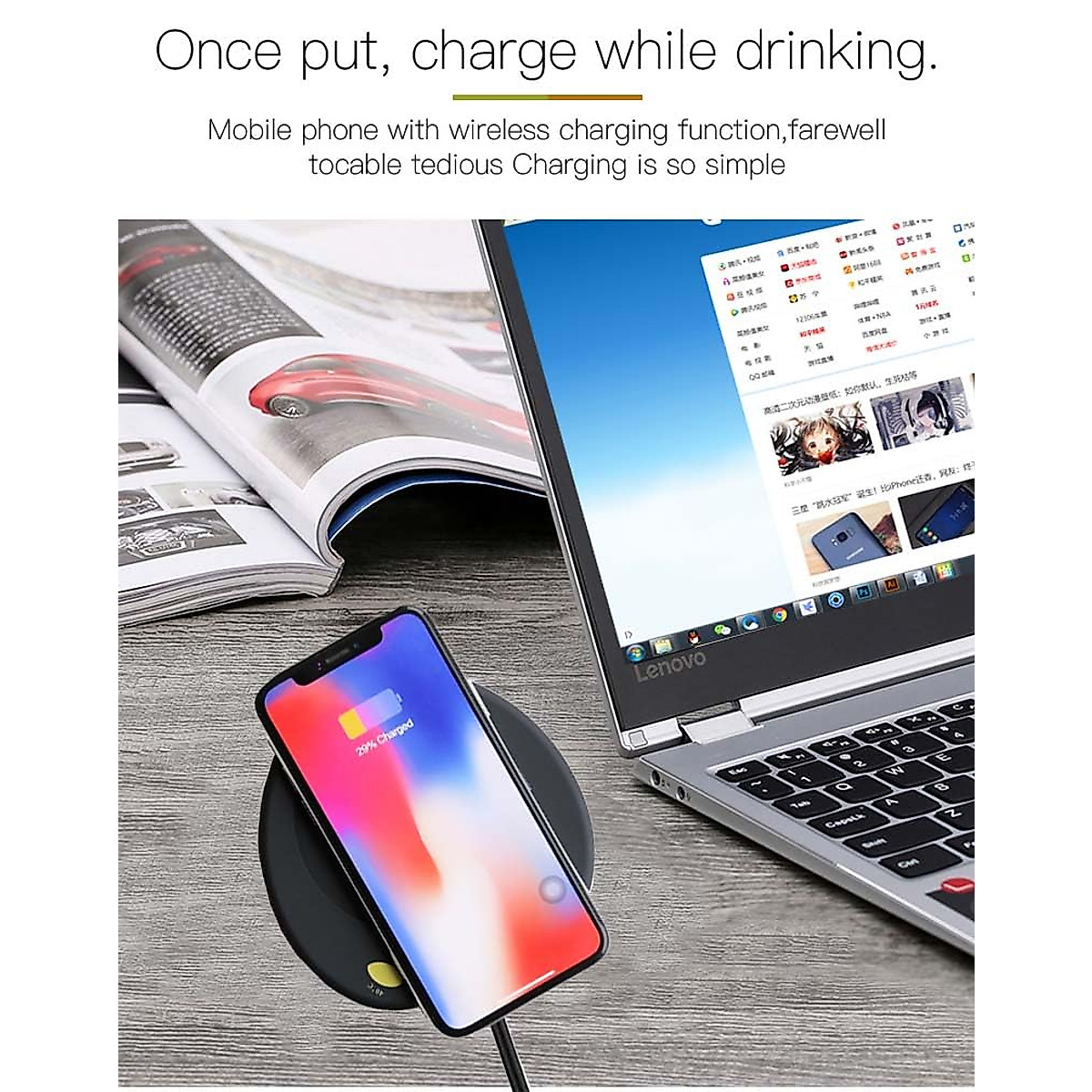 Ebooine Smart Coffee Mug Warmer Self-Heating Cup, 131°F or 104°F Temperature Selection, 12 oz, Black, Fast Wireless Charger Base Automatic Shut Off Function