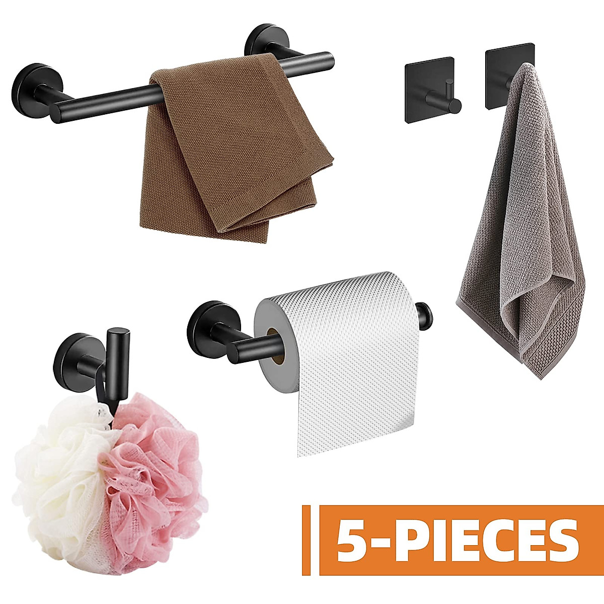 5 PCS Matte Black Bathroom Hardware Set,304 Stainless Steel Towel Rack Set Round Wall Mounted Includes 16" Hand Towel Bar,Toilet Paper Holder,3 Towel Hooks Bathroom Accessories Kit (Black)