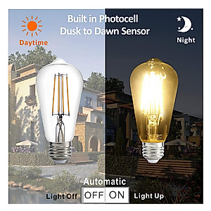 Dusk to Dawn LED Lights Bulb,Photocell Sensor Bulb, Auto Turn On/Off, ST58 ST19 60W Edison Replacement, E26 8W 800lm,Warm White 2700K for outdoor wall light fixture Garden Garage Porch Pack of 2