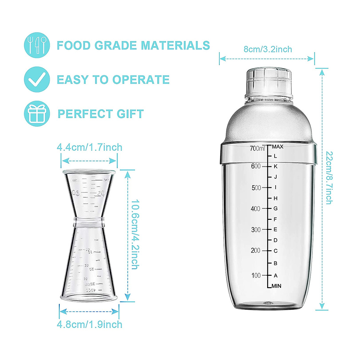 4 pcs Clear Cocktail Shaker Set 2 pcs Plastic bar Shaker with 2 pcs Plastic Cocktail Double Measuring Jigger