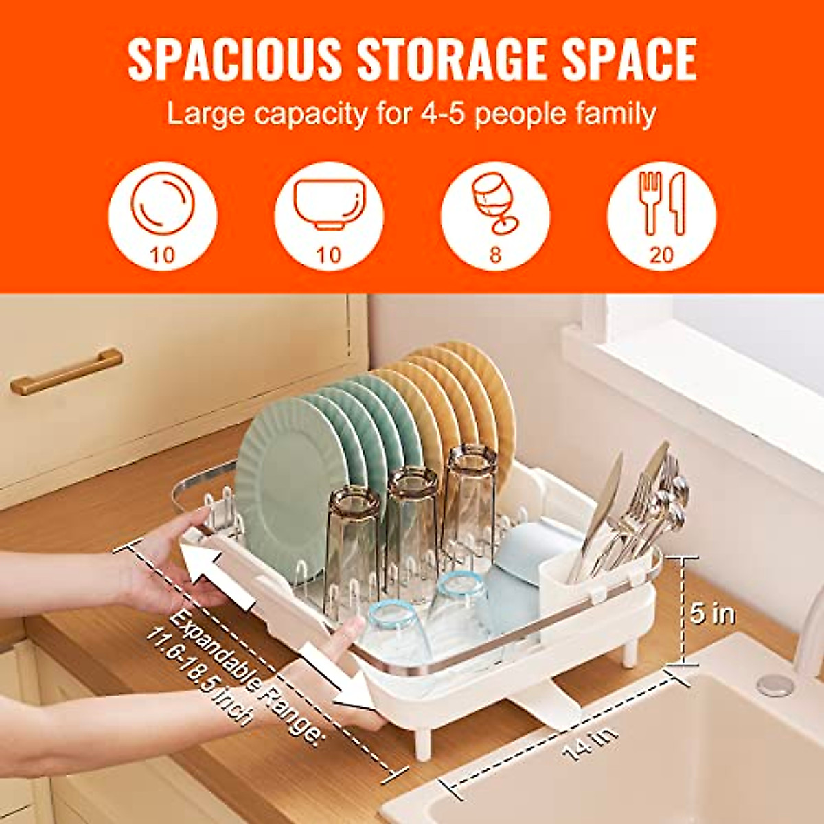 VEVOR Dish Drying Rack, Expandable (11.6"-18.5") Stainless Steel Dish Drainer with Drainboard, Large Capacity Storage Space Saver, Single Tier Cup and Utensil Holder for Kitchen Counter Over The Sink