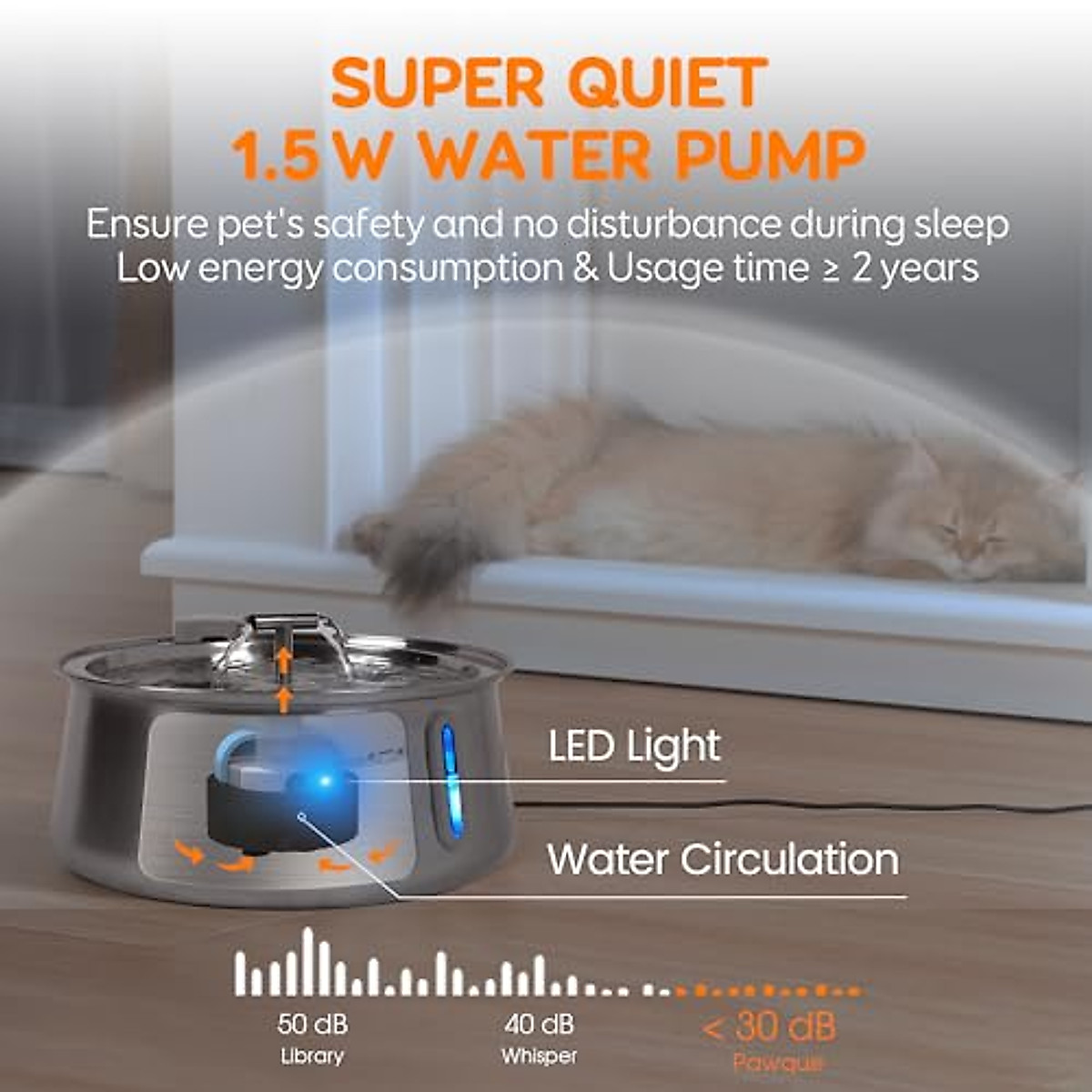 Pawque Stainless Steel Cat Water Fountain Inside, 4.0L/1.05Gal Automatic Pet Fountain Dog Water Bowl with Water Level Window & Ultra-Quiet Pump for Multiple Cats Small Medium Dogs Pets