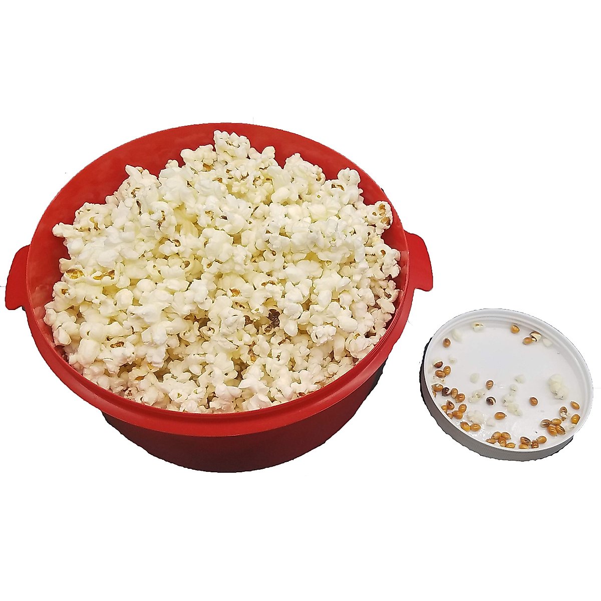 APSI Store Kernel Katcher Popcorn Bowl Set - Popcorn Bowl Strainer Sifter Shaker Kernel Catcher and Separator, Large and Reusable With Lid, Dishwasher Safe, Recycled Plastic with Handle (Red)