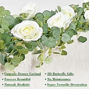 Yastouay 6.4 Ft Fuller White Flower Garland with Butterfly, Artificial Eucalyptus Garland with Flowers Fake Rose Vine Garland for Table Centerpiece Wedding Arch Baby Shower Party Room Backdrop Decor