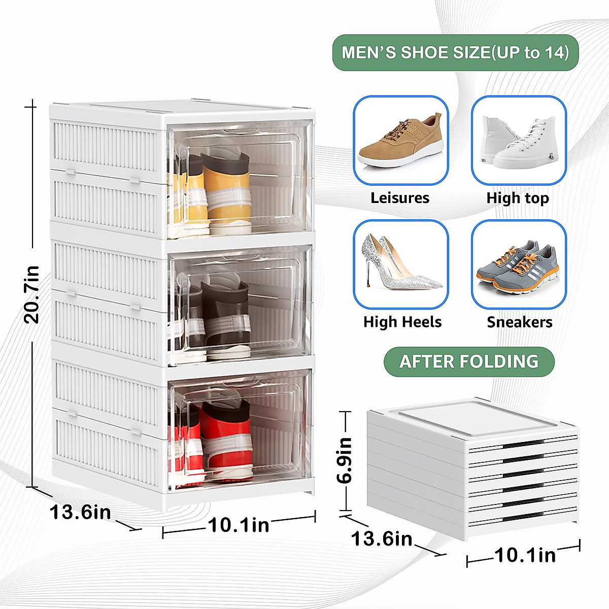 Harmon Wandyer Shoe Organizer Box 3-Tier Foldable Shoe Rack, Fit Size 12, No Assembly Stackable Shoe Organizer Storage Bins wit, All In One Universal Shoe Storage Boxes for Men and Women
