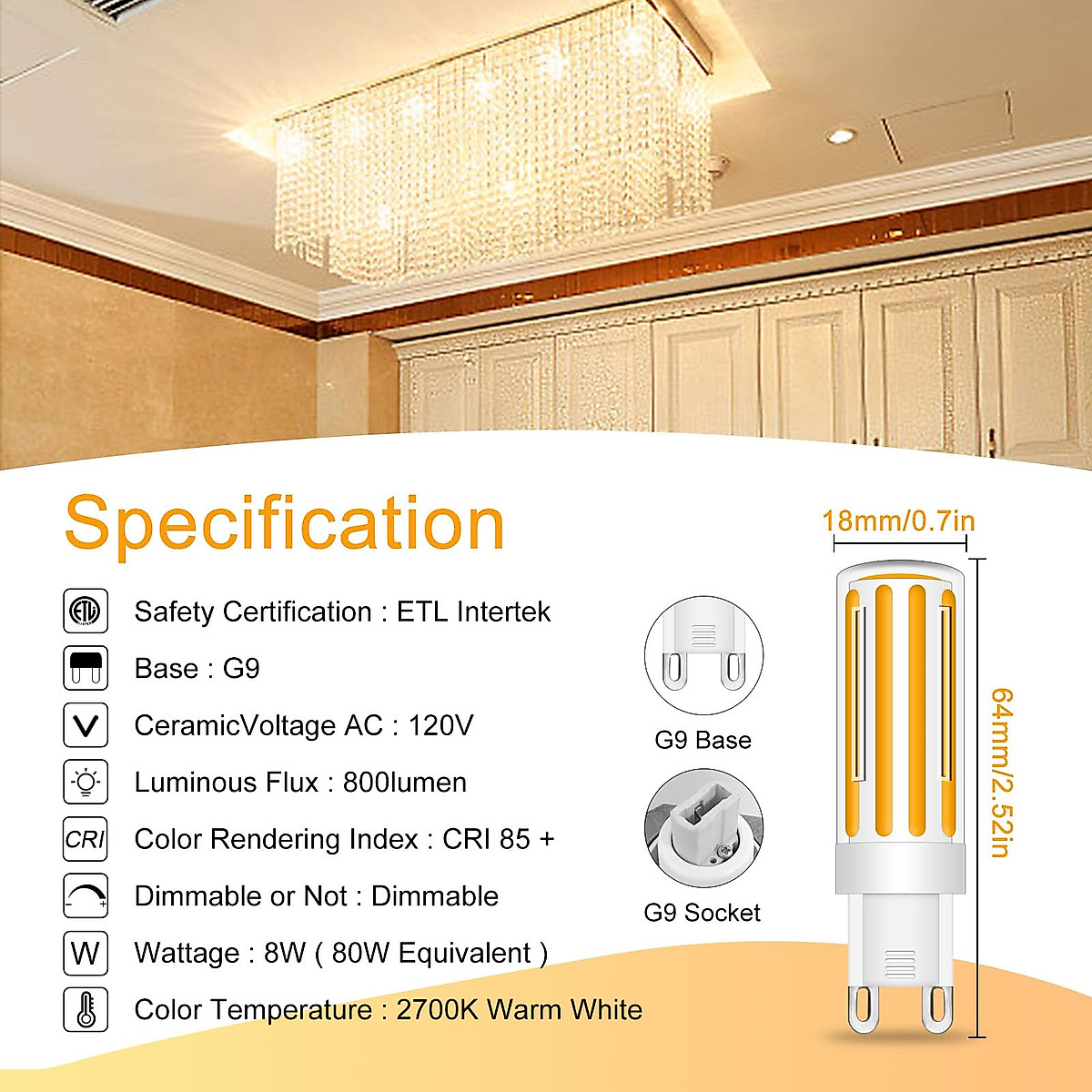 LFLAMPON G9 LED Bulb Dimmable 8W, 60-80 Watt T4 G9 Halogen Equivalent, 2700K Soft Warm White, Ceramic G9 Bi Pin Base, 120V 800LM for Chandelier Ceiling Pendant Lighting(5 PCS)